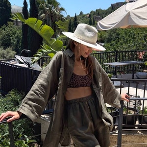 Khaki Linen 2 Piece Matching Summer Cotton Set. Suit With Oversized ...