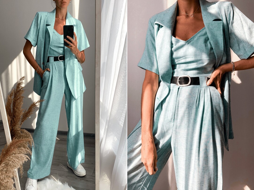 Summer Set Three Items Natural Linen Women Suit. Casual Shirt, Top and ...