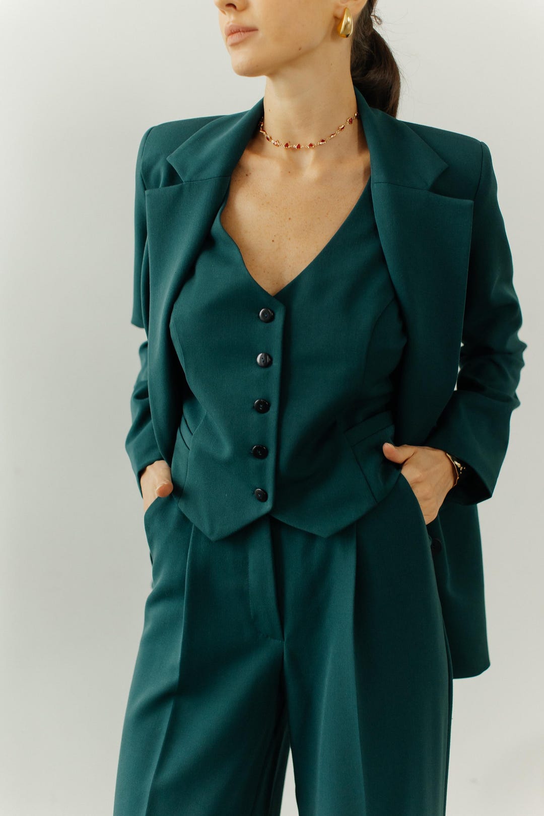 Emerald Green Classic Pantsuit. Dark Green Formal Three Piece Women's ...