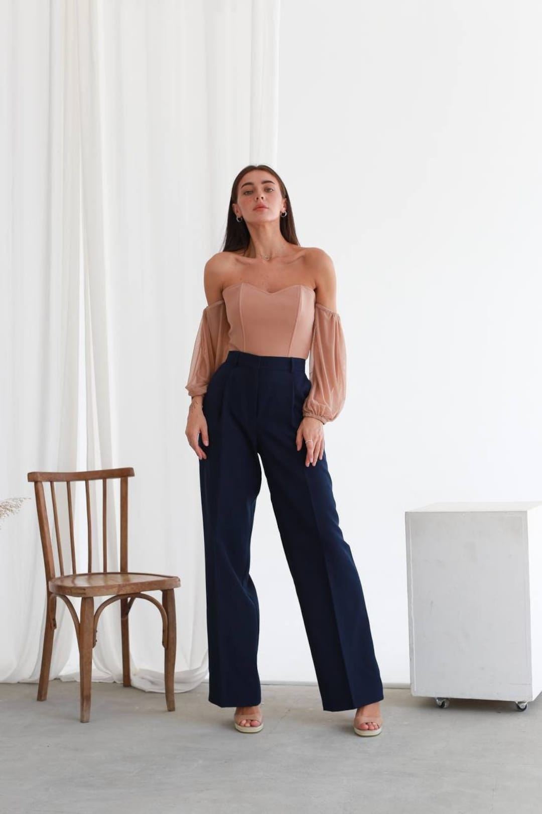 Dark Blue Palazzo Pants. Woman's High Waisted Palazzo Trousers. Wide ...