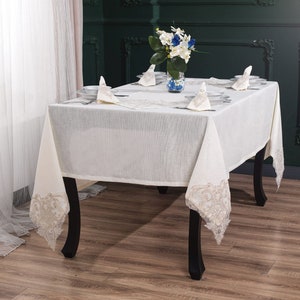 Elegant Lace Linen Tablecloth Set Embroidered Napkins & Runner Luxury ...