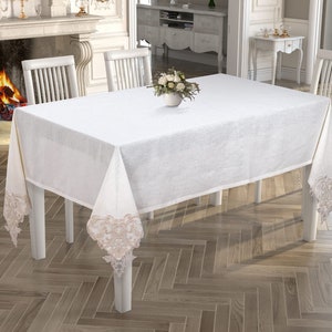 Elegant Lace Linen Tablecloth Set Embroidered Napkins & Runner Luxury ...