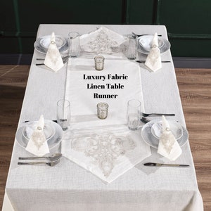 Elegant Lace Linen Tablecloth Set Embroidered Napkins & Runner Luxury ...