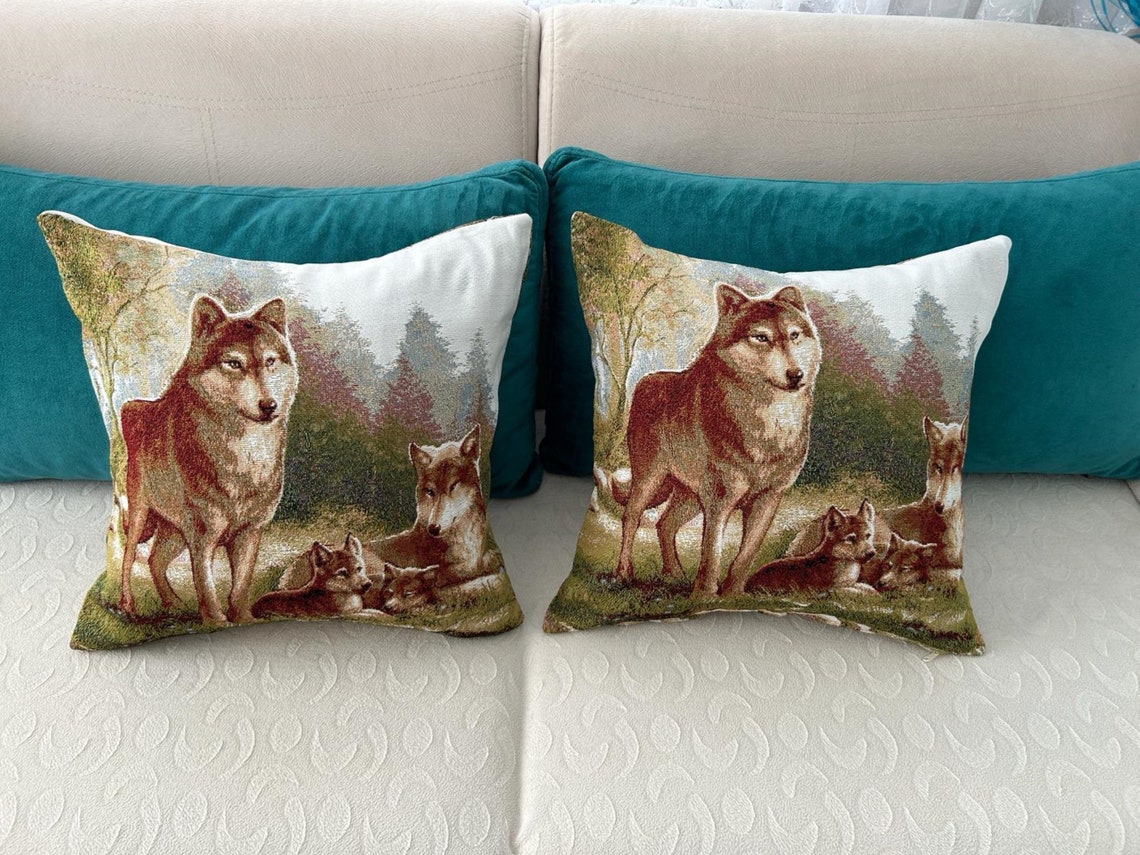 Nature-inspired Wildlife Throw Pillow Cover Wolf Family in Forest ...