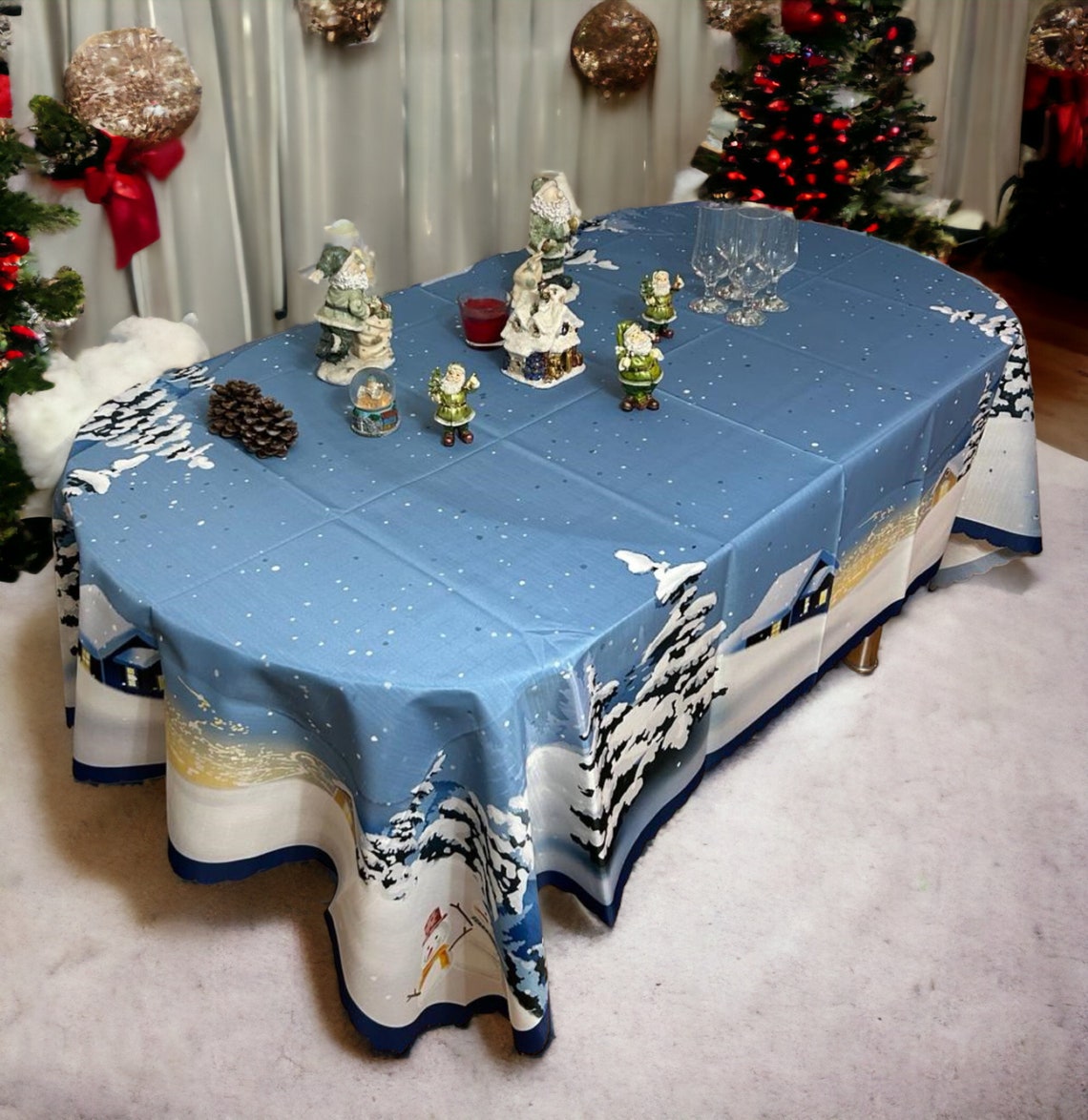 Blue Christmas Tablecloth With Santa Christmas Tablecloth Rectangle ...