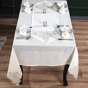 Elegant Lace Linen Tablecloth Set Embroidered Napkins & Runner Luxury ...
