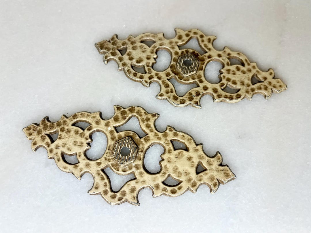 Vintage Pair of Metal Cabinet Knob Backplates, Escutcheons | Made in ...