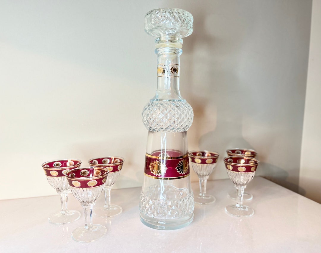 70s Decanter and Cordial Set Burgundy & Gold Sunflower MCM Design by ...