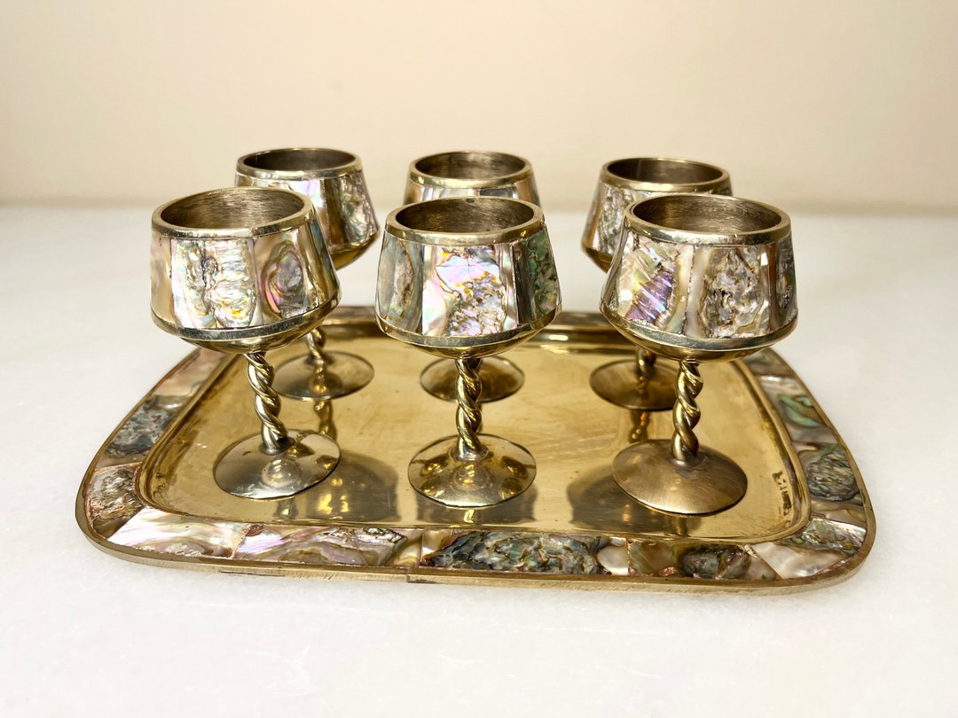 70s Alpaca Silver & Abalone Shell Set of 6 Cordial Goblets and Tray ...