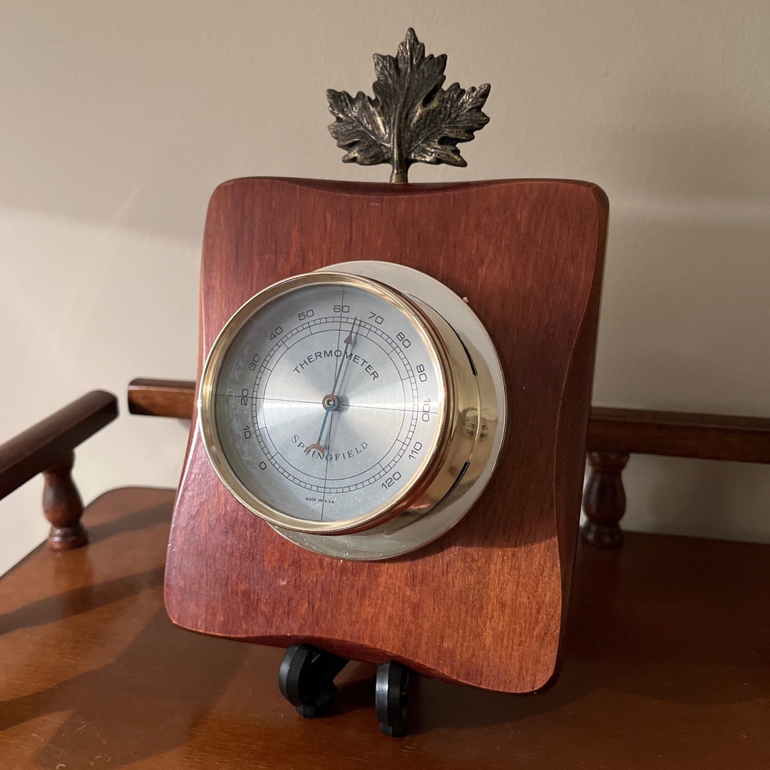 Wall Hanging Wood Thermometer | Brass Maple Leaf Topper by Springfield ...