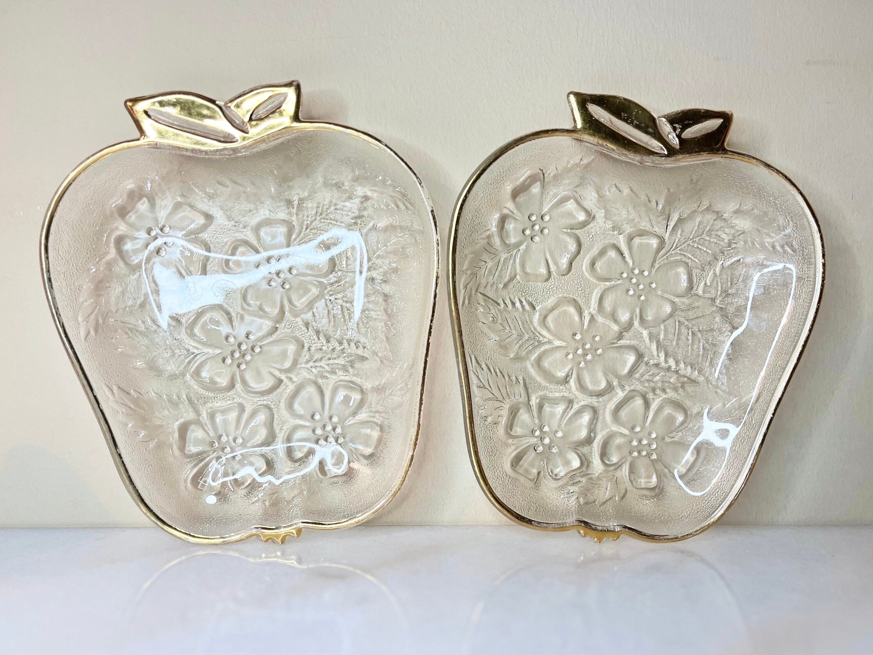 Pair of Glass Apple Shaped Bowl Plates or Catchall Dishes Gold Rim ...