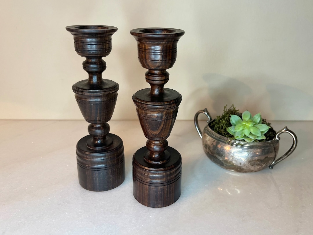 Pair of Dark Brown Wooden Candlesticks | Turned & Varnished Wood Taper ...
