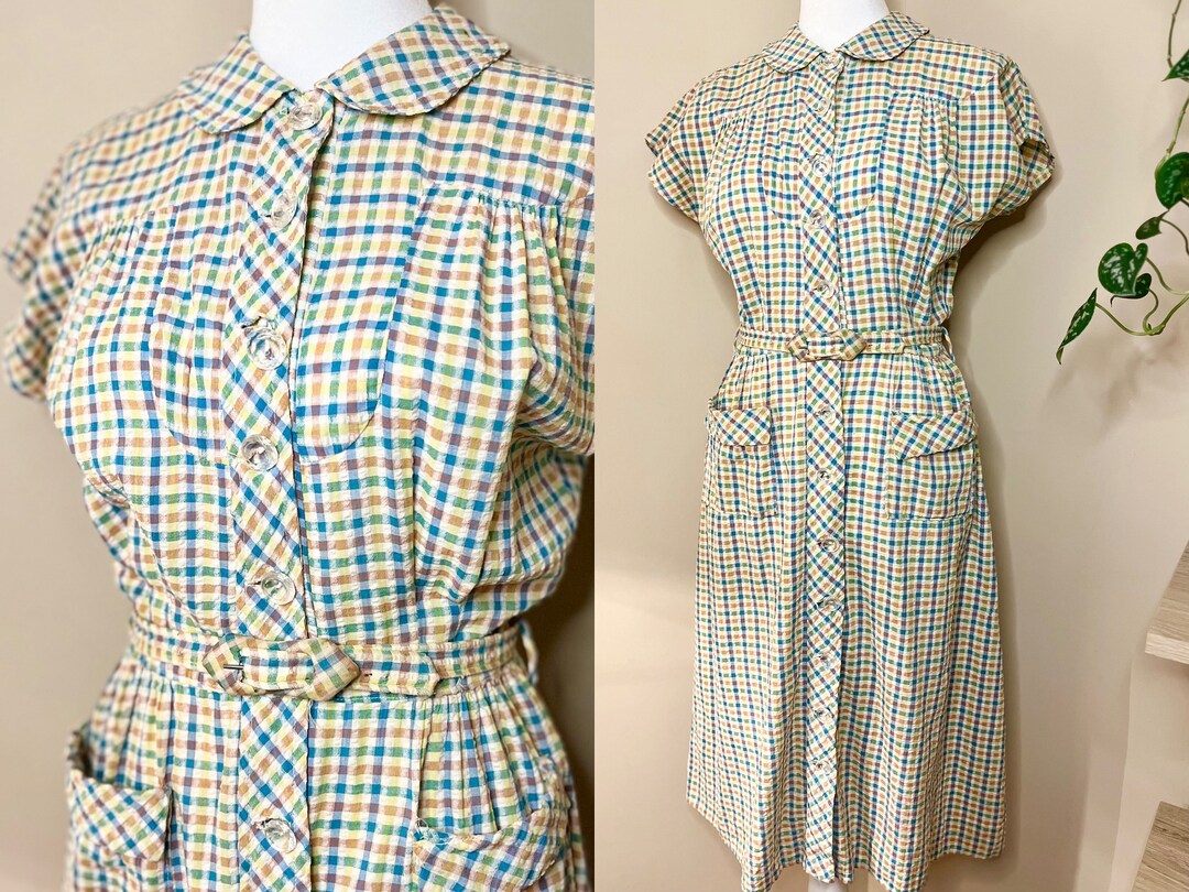 50s 60s Gingham Linen Belted Button-front House Dress | Size XS - Etsy