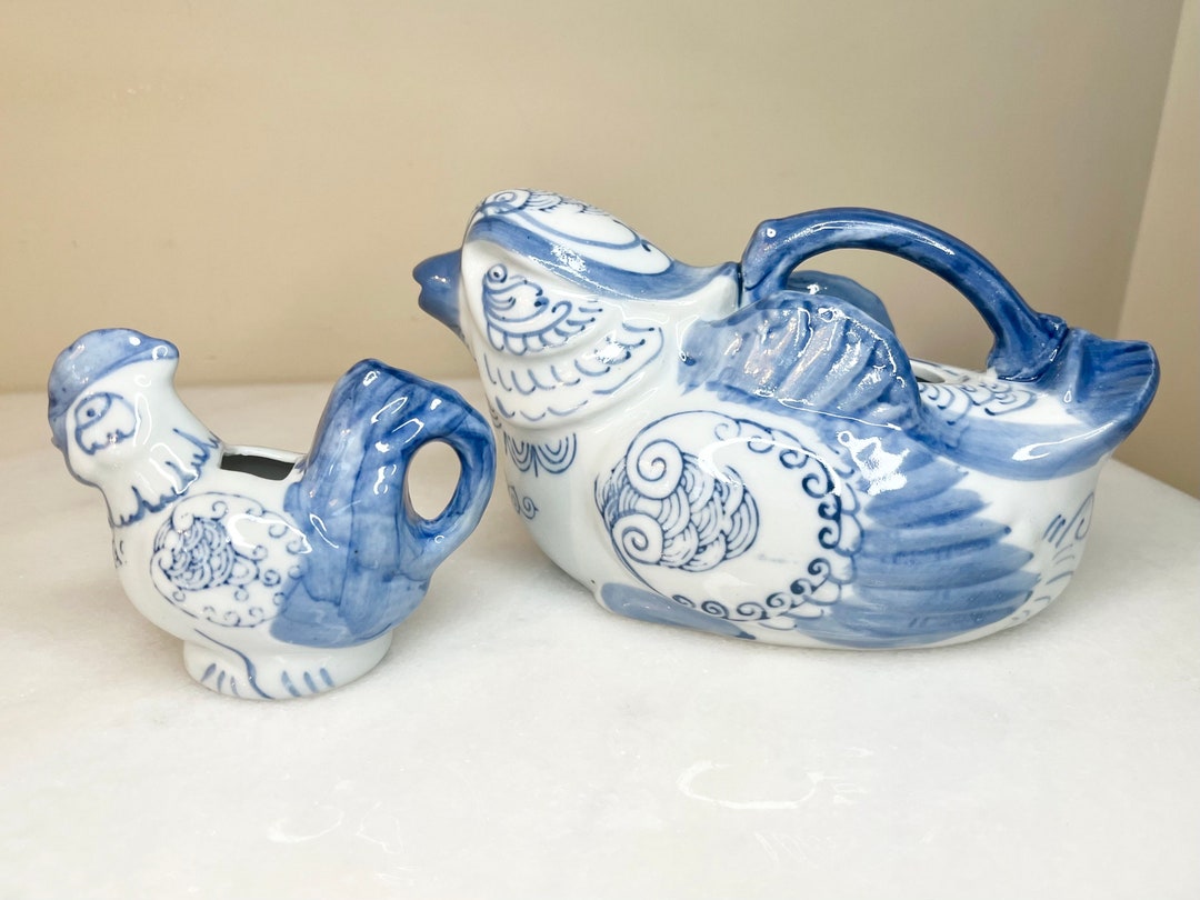 Pair of Porcelain Hand Painted Blue Bird Teapot & Creamer Pitcher ...