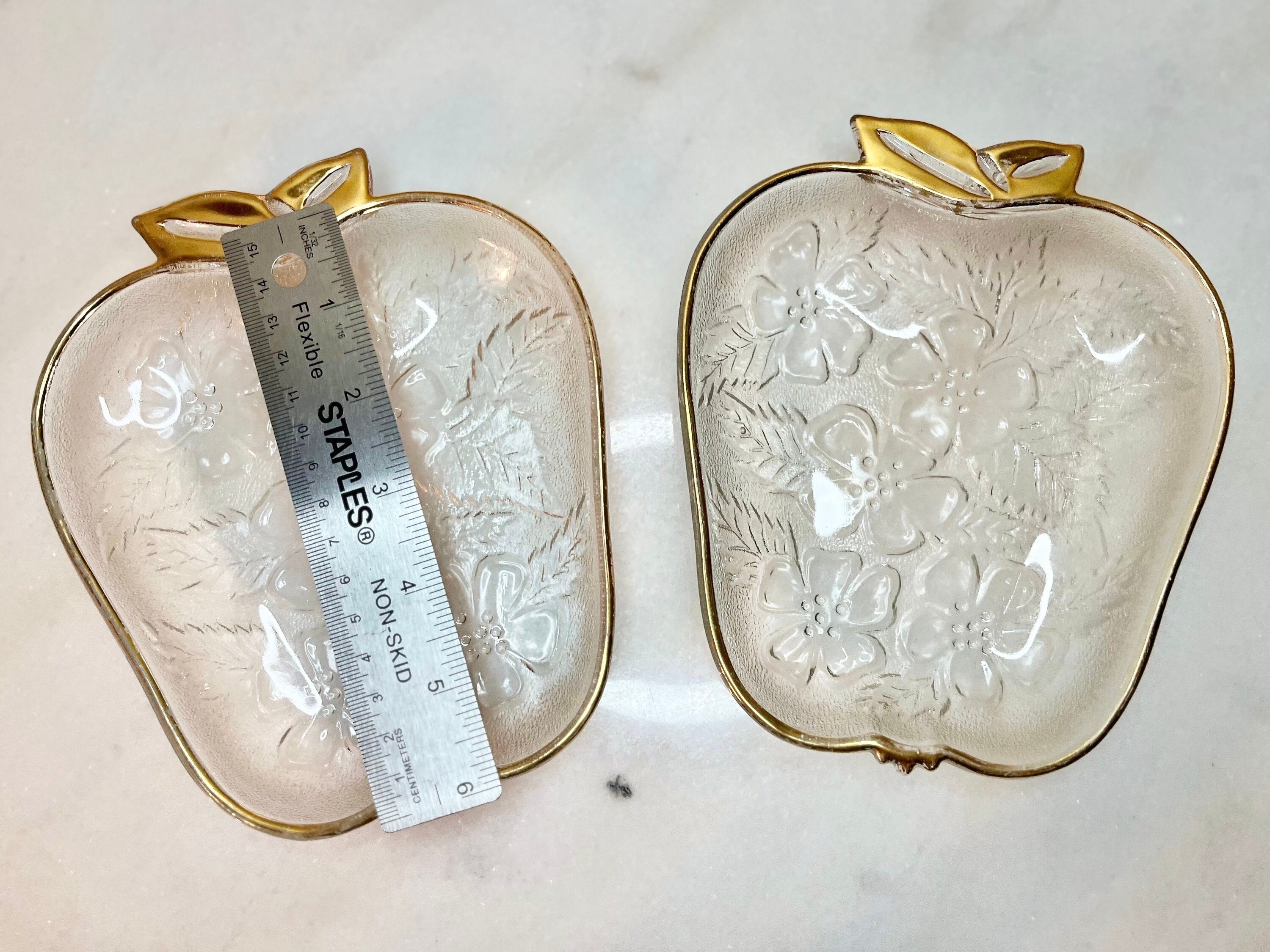 Pair of Glass Apple Shaped Bowl Plates or Catchall Dishes Gold Rim ...