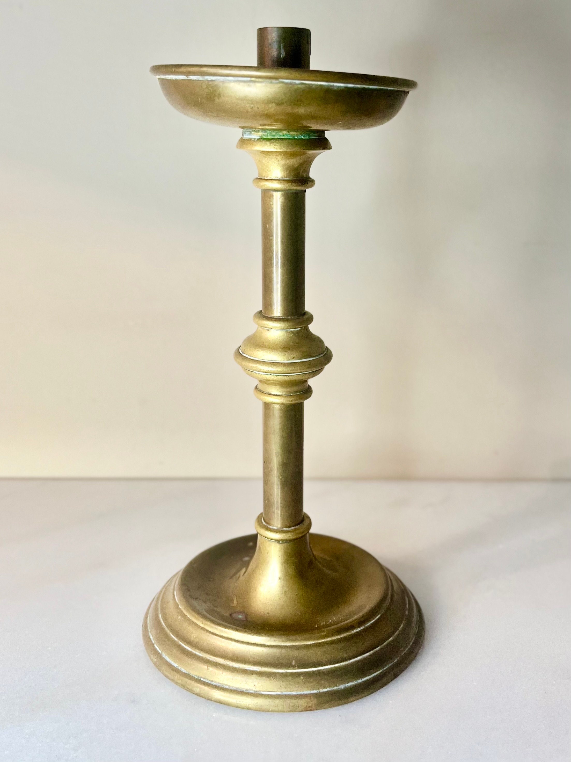 Antique Heavy Brass Church Altar Candlestick Holder Primitive Design ...