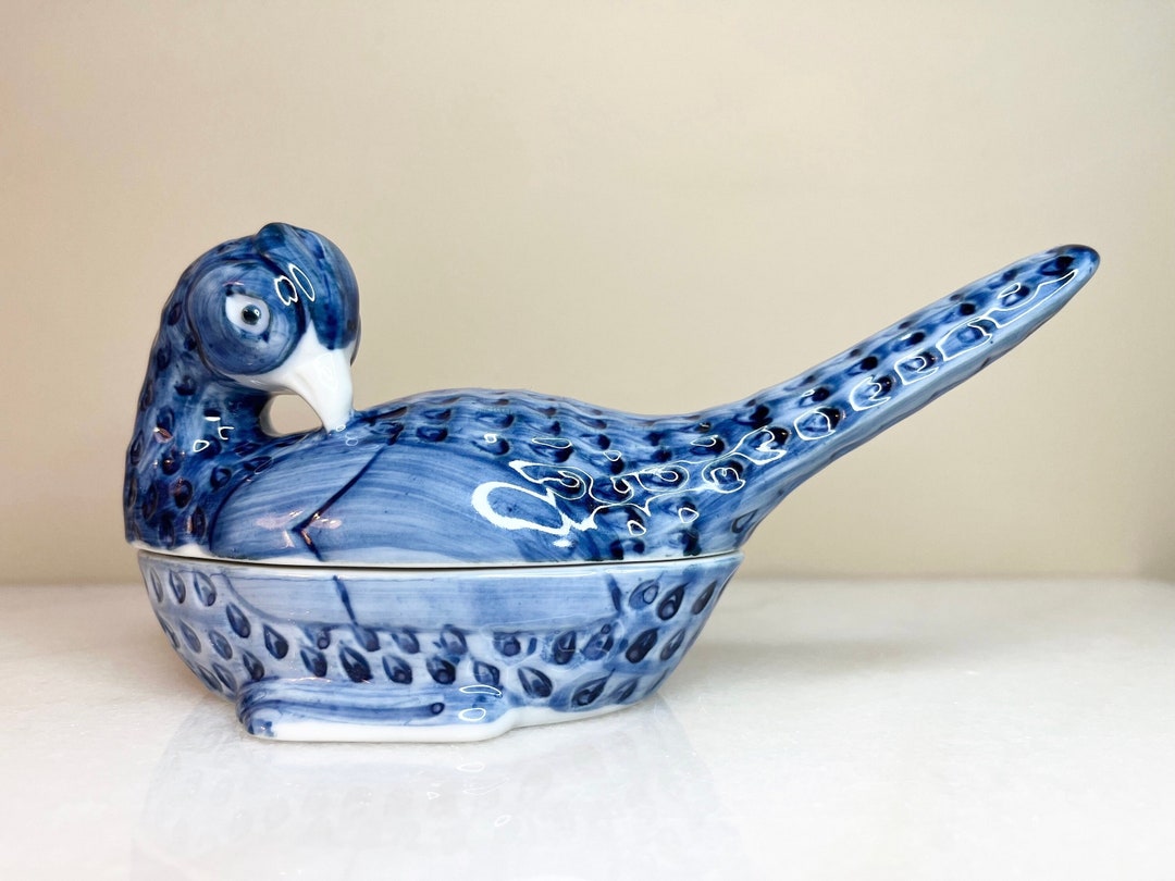 Midcentury Porcelain Hand Painted Blue Pheasant Bird Shaped Lidded Box ...