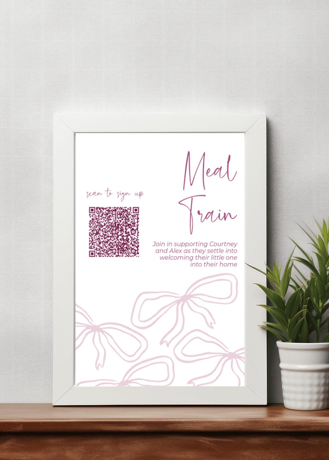 Coquette Meal Train Sign: Pink Bow, QR Code (editable Template A2/5x7 ...