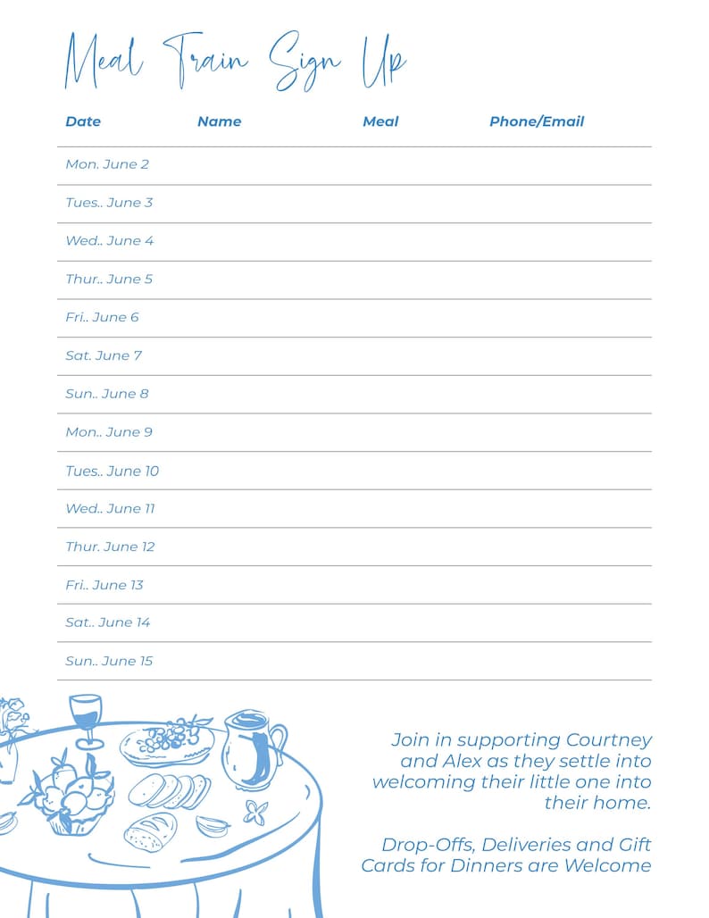 Meal Train Sign up Sheet | Editable Printable | Community Support ...