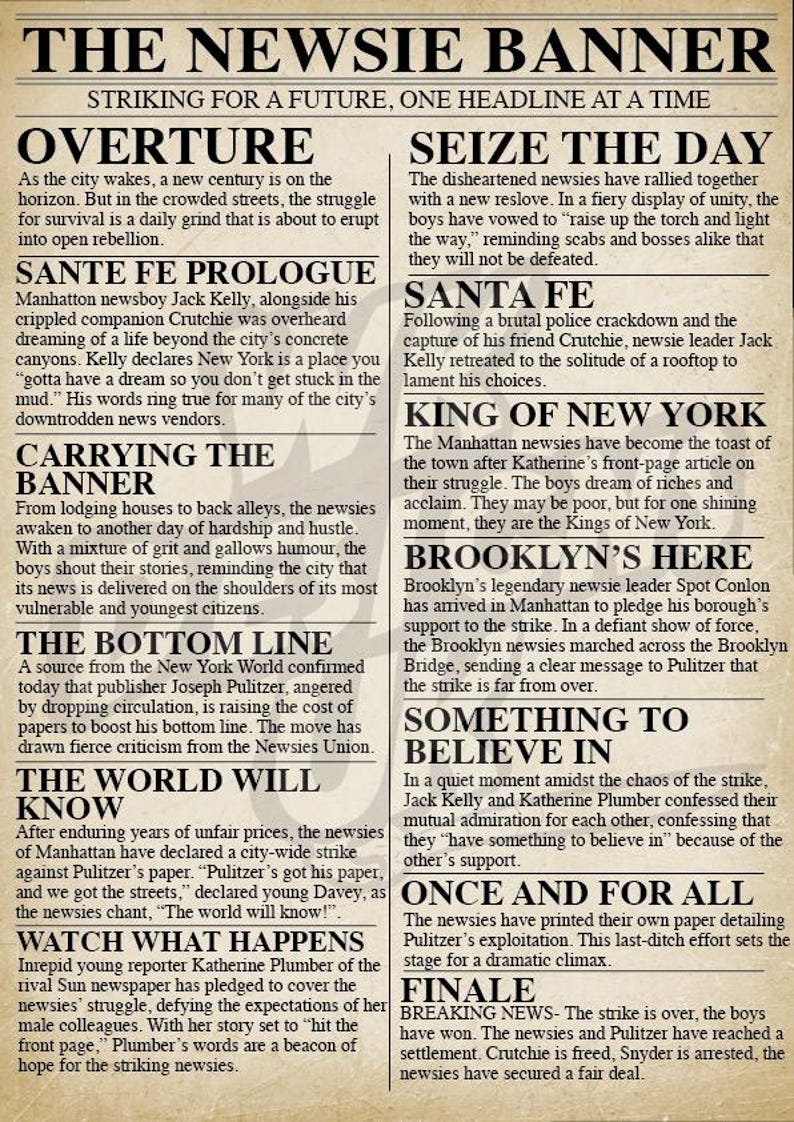 Newsies - Newspaper Style Musical Theatre Poster, West End Wall Art ...