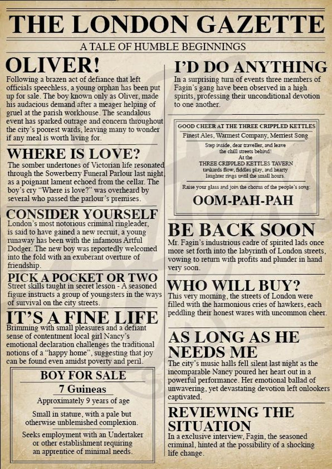 Oliver Musical Poster – Newspaper Style, Broadway West End Art - Etsy