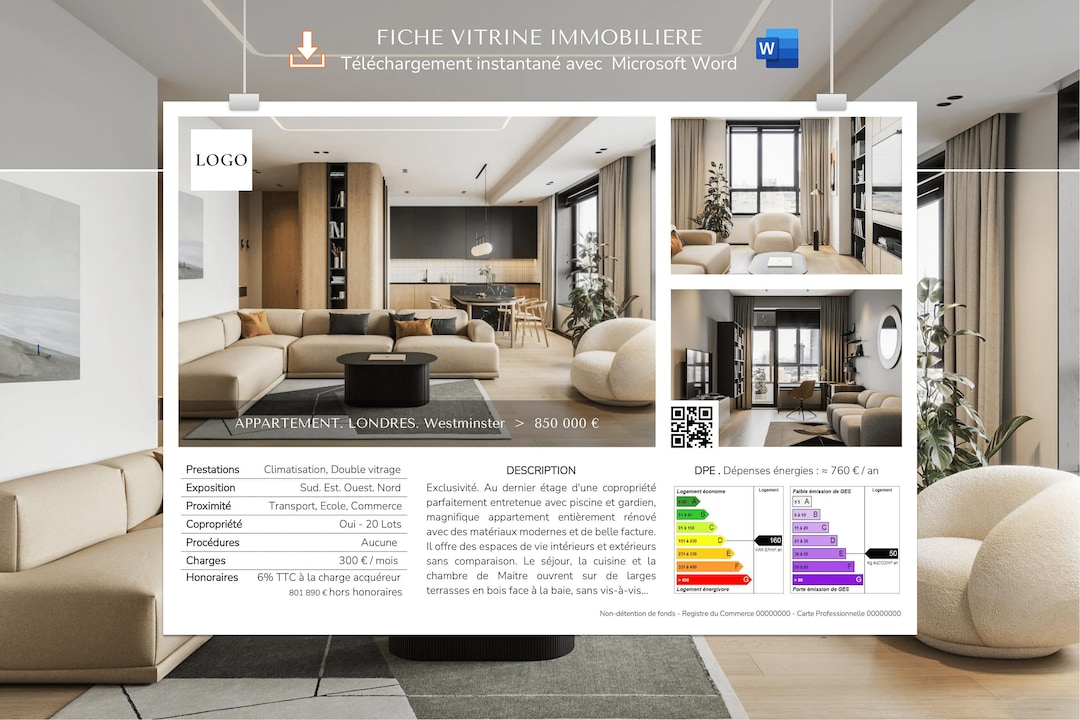 Modèle Londres - Fiche Vitrine Immobilière Modifiable - A4 et A3 ...