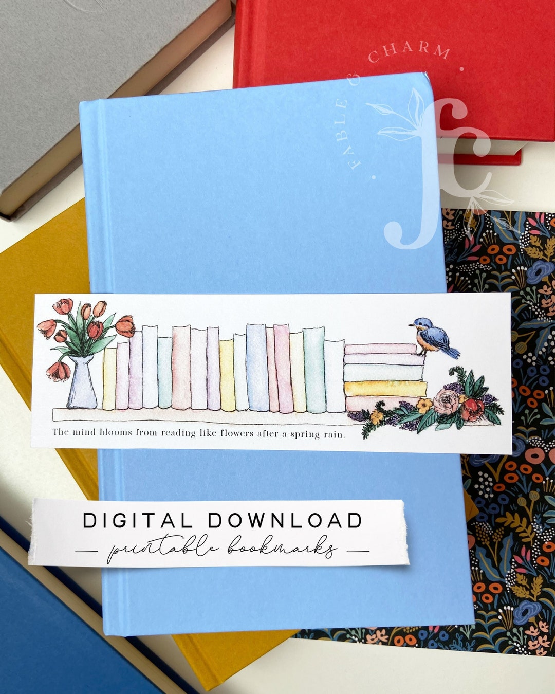 Spring Bookshelf Bookmark Printable, Watercolor Book Art, Digital ...