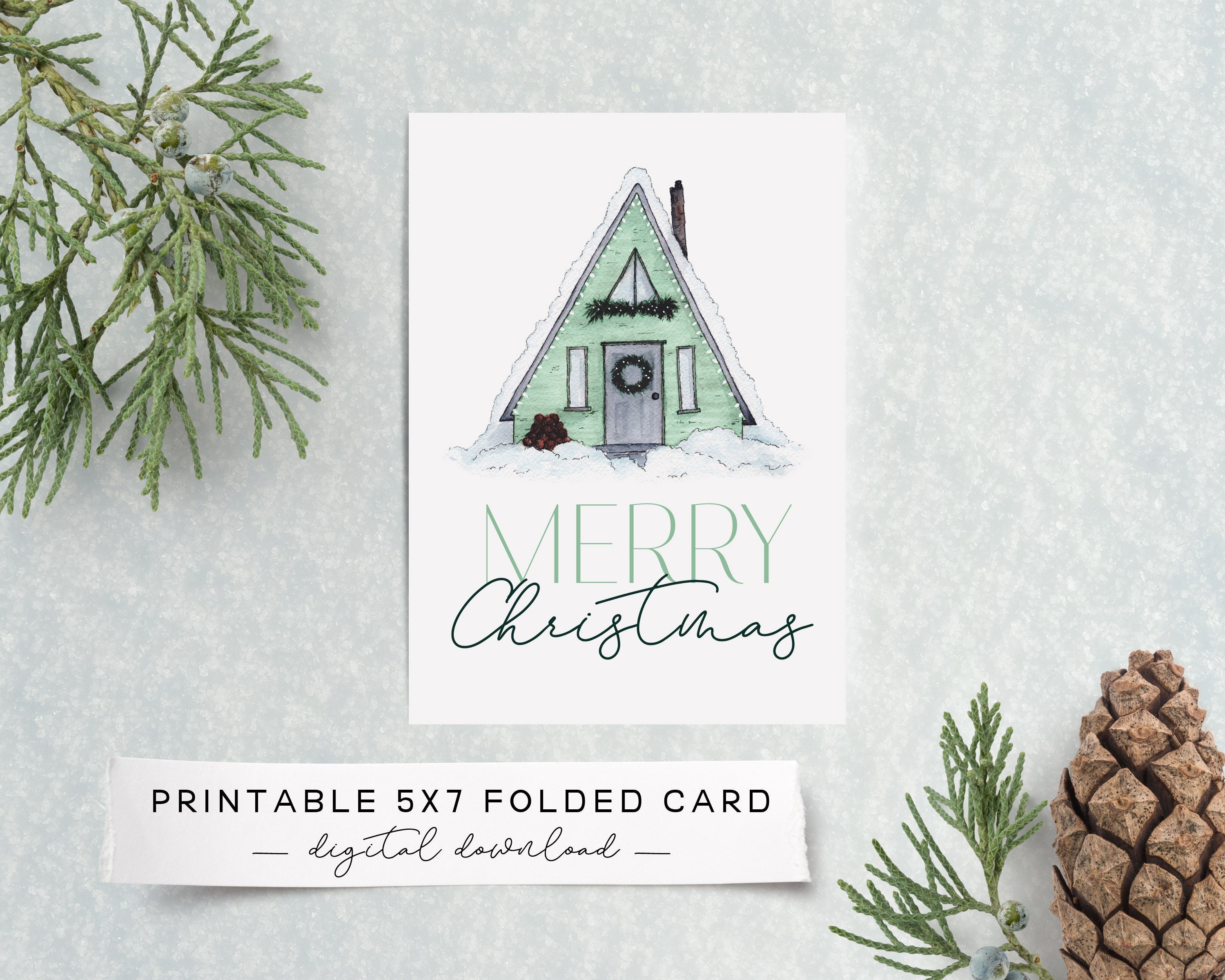 Merry Christmas Cabin Printable Greeting Card, Nordic Cabin in Snow ...