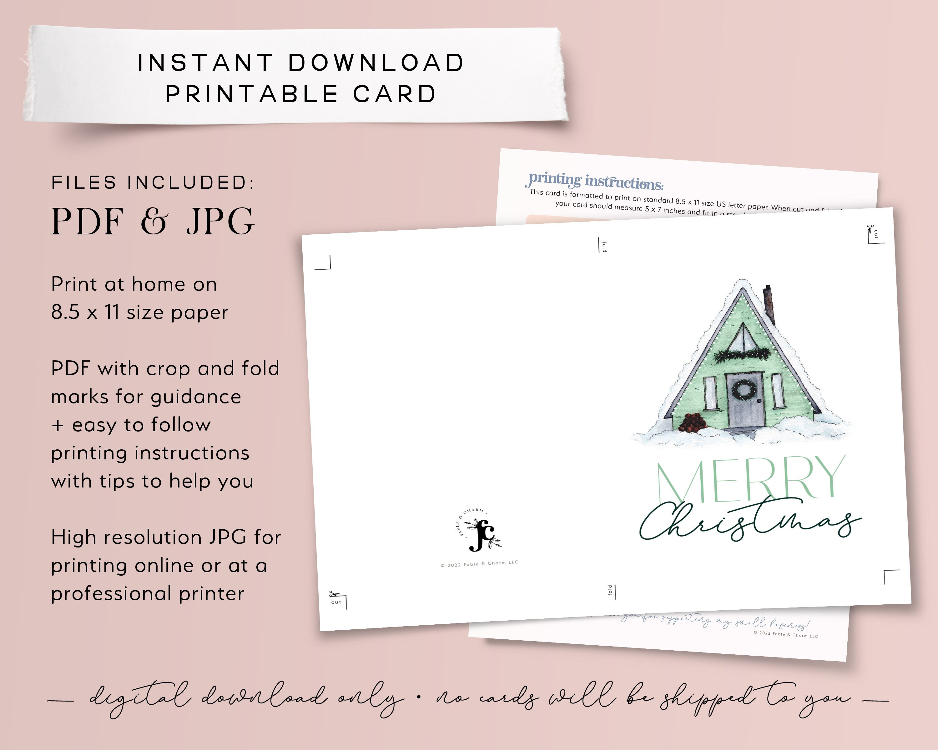 Merry Christmas Cabin Printable Greeting Card, Nordic Cabin in Snow ...