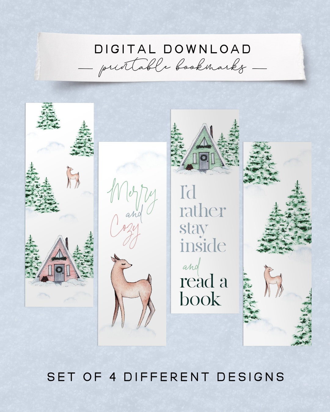 Winter Bookmark Printable Cozy Bookmark With Sayings Deer Bookmark Set ...