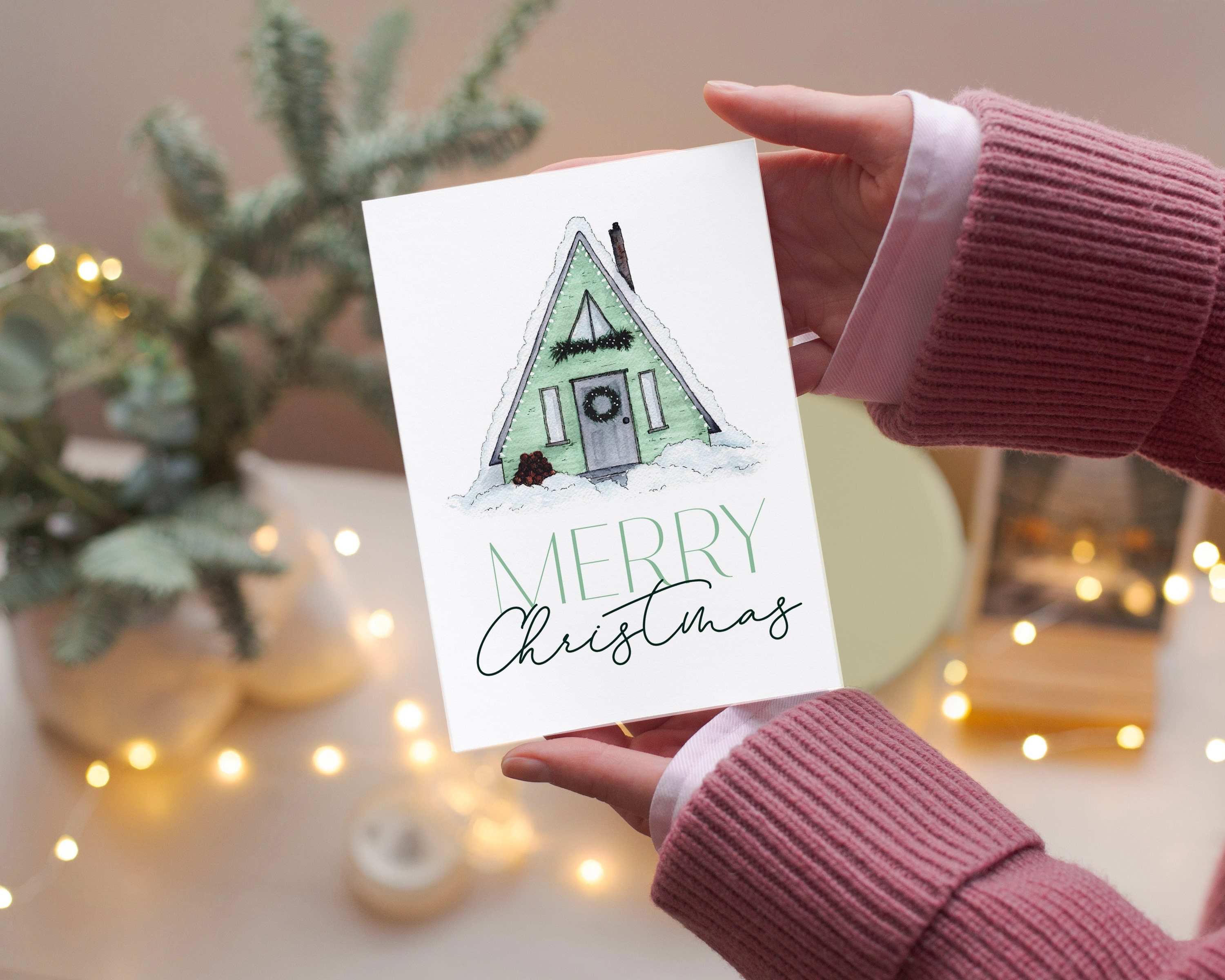 Merry Christmas Cabin Printable Greeting Card, Nordic Cabin in Snow ...