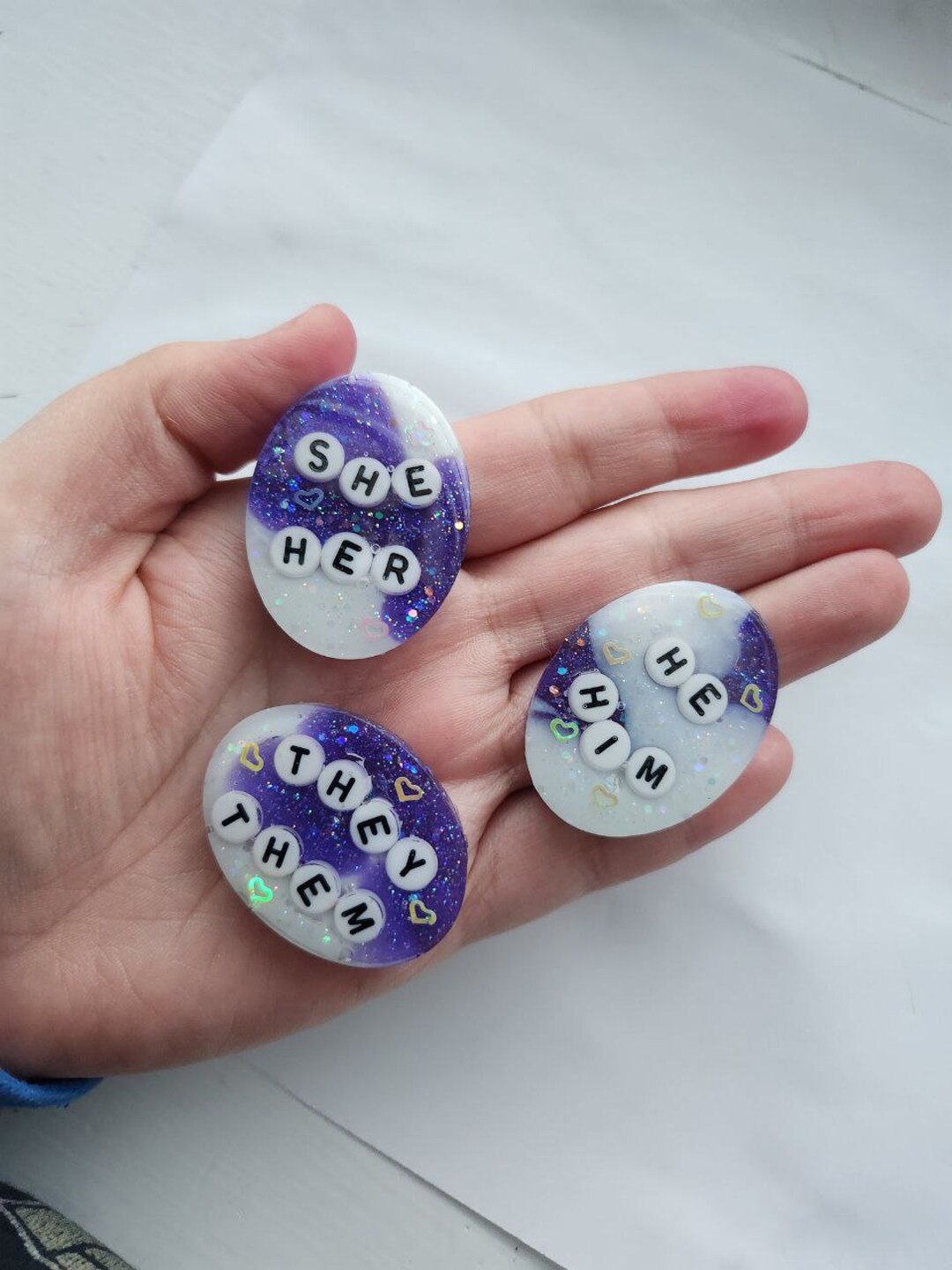 Purple and White Resin Pronoun Badges - Etsy