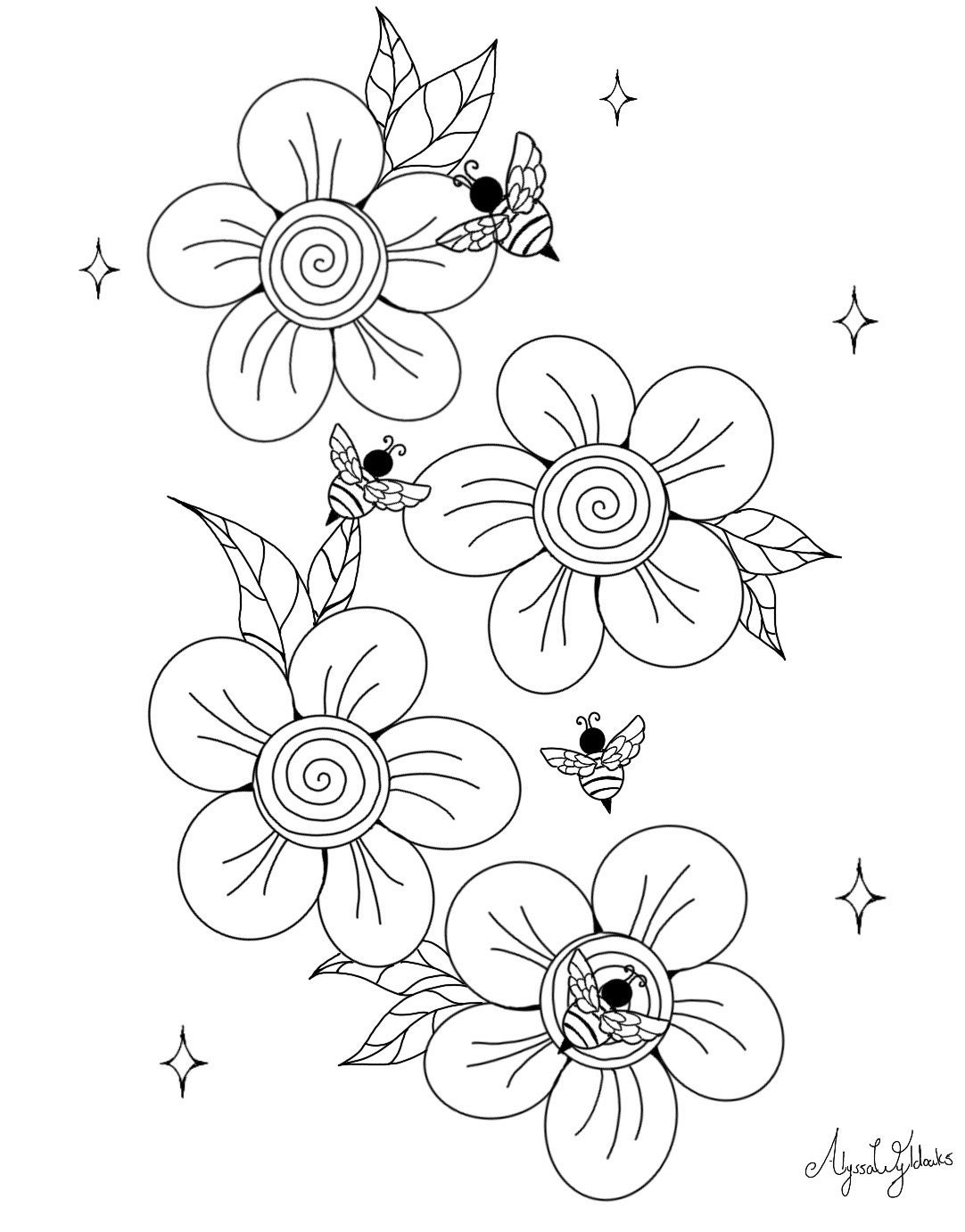 Flowers and Bees Coloring Page - Etsy
