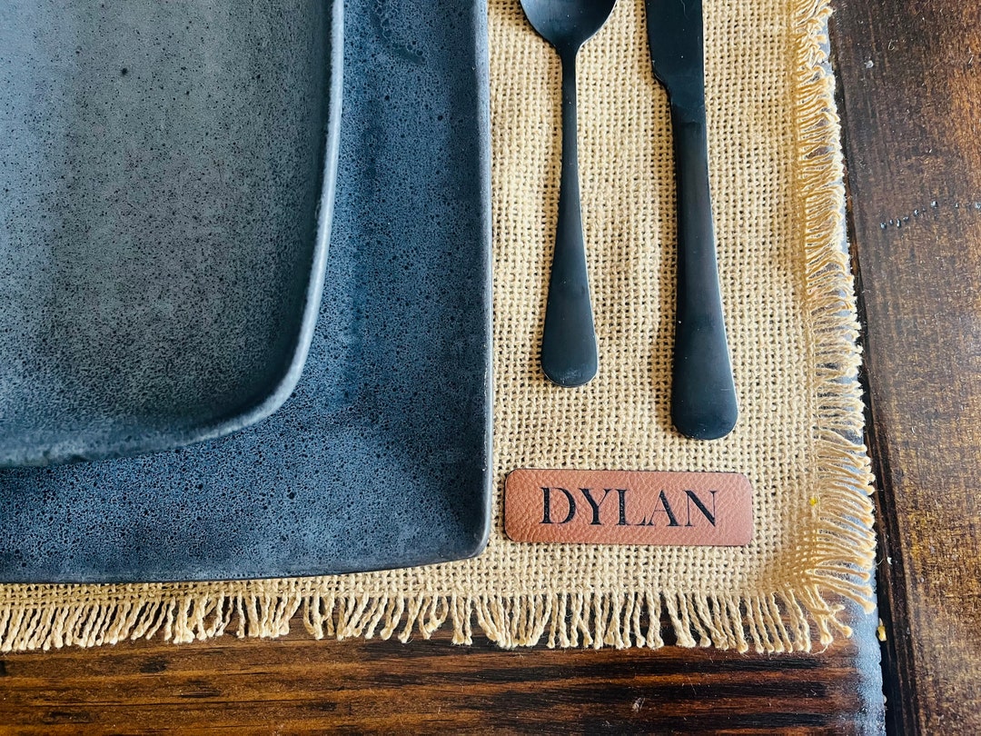 Custom Leather Patch Name Placemats - Burlap Placemat - Custom Name Tag ...