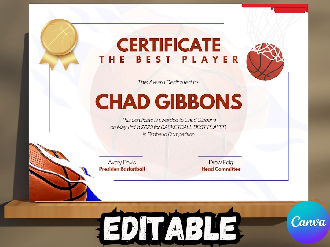 Basketball Award Certificate Editable Canva Template\ Printable Award ...