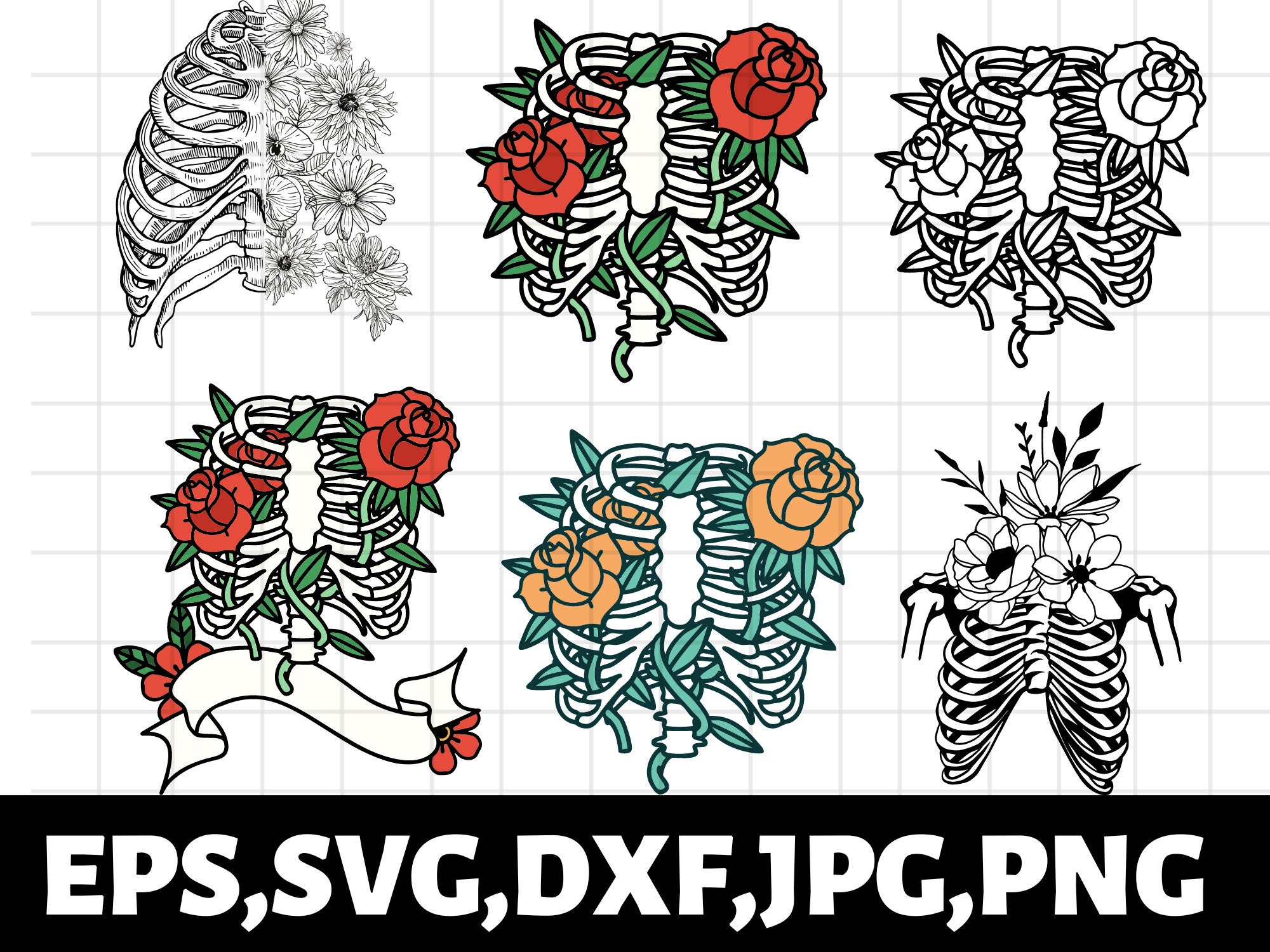 Floral Ribcage SVG Rib Cage SVG Skeleton SVG Gothic Shirt Vinyl Stencil ...