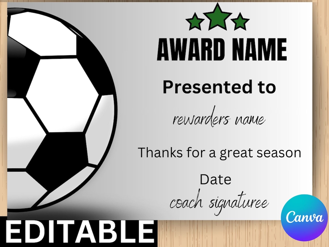 Soccer Award Certificate Editable Canva Template\ Printable Award End ...