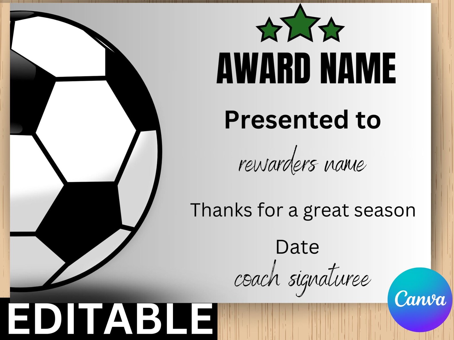 Soccer Award Certificate Editable Canva Template\ Printable Award End ...