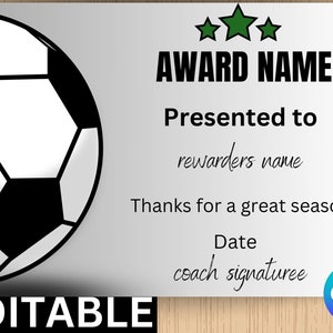 Soccer Award Certificate Editable Canva Template\ Printable Award End ...