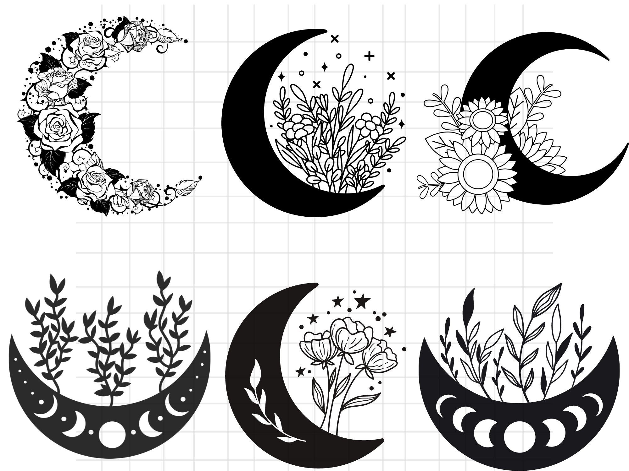 Moon SVG Bundle Floral Moon Svg Mystic Celestial Svg Moon and Stars SVG ...