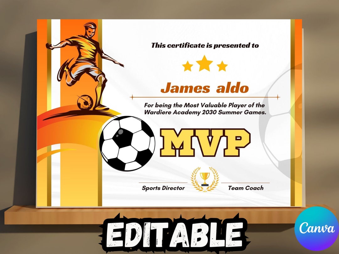Soccer Award Certificate Editable Canva Template\ Editable Award End of ...