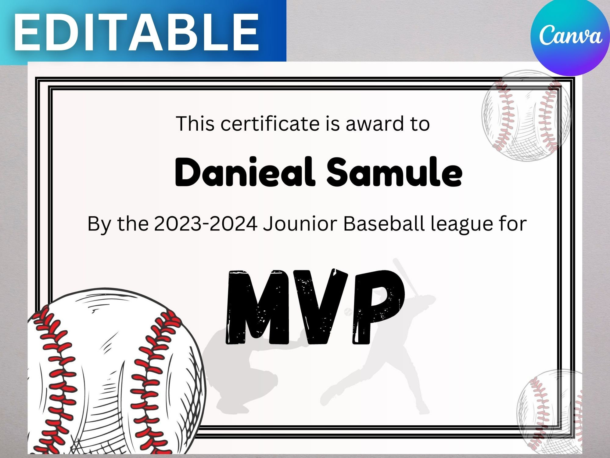 Editable Baseball Award Certificate Bundle Team Party Canva Template ...