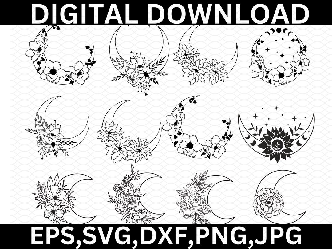 Floral Moon Svg Bundle\ Moon With Flowers Svg\ Dxf Png Jpg\ Celestial ...