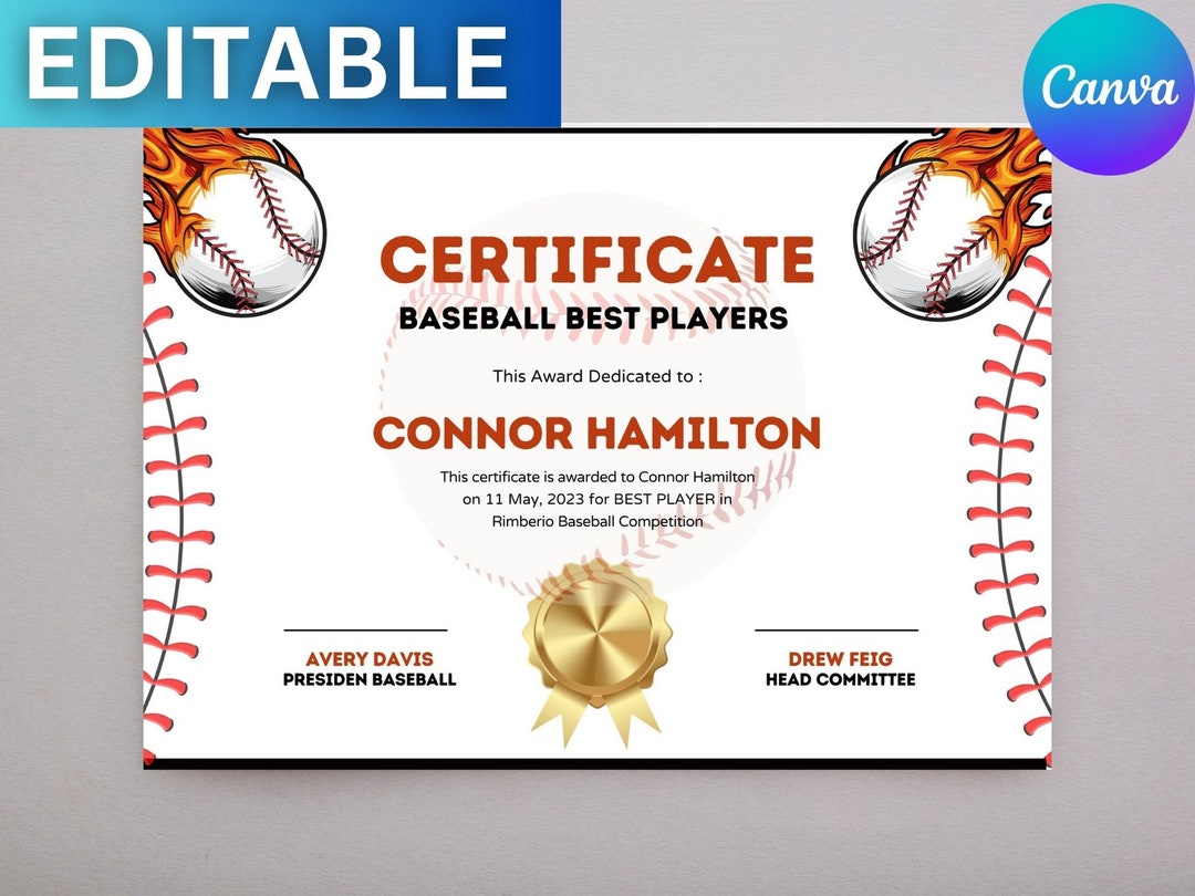 Editable Baseball Award Certificate Bundle\ Canva Template\ Team Party ...