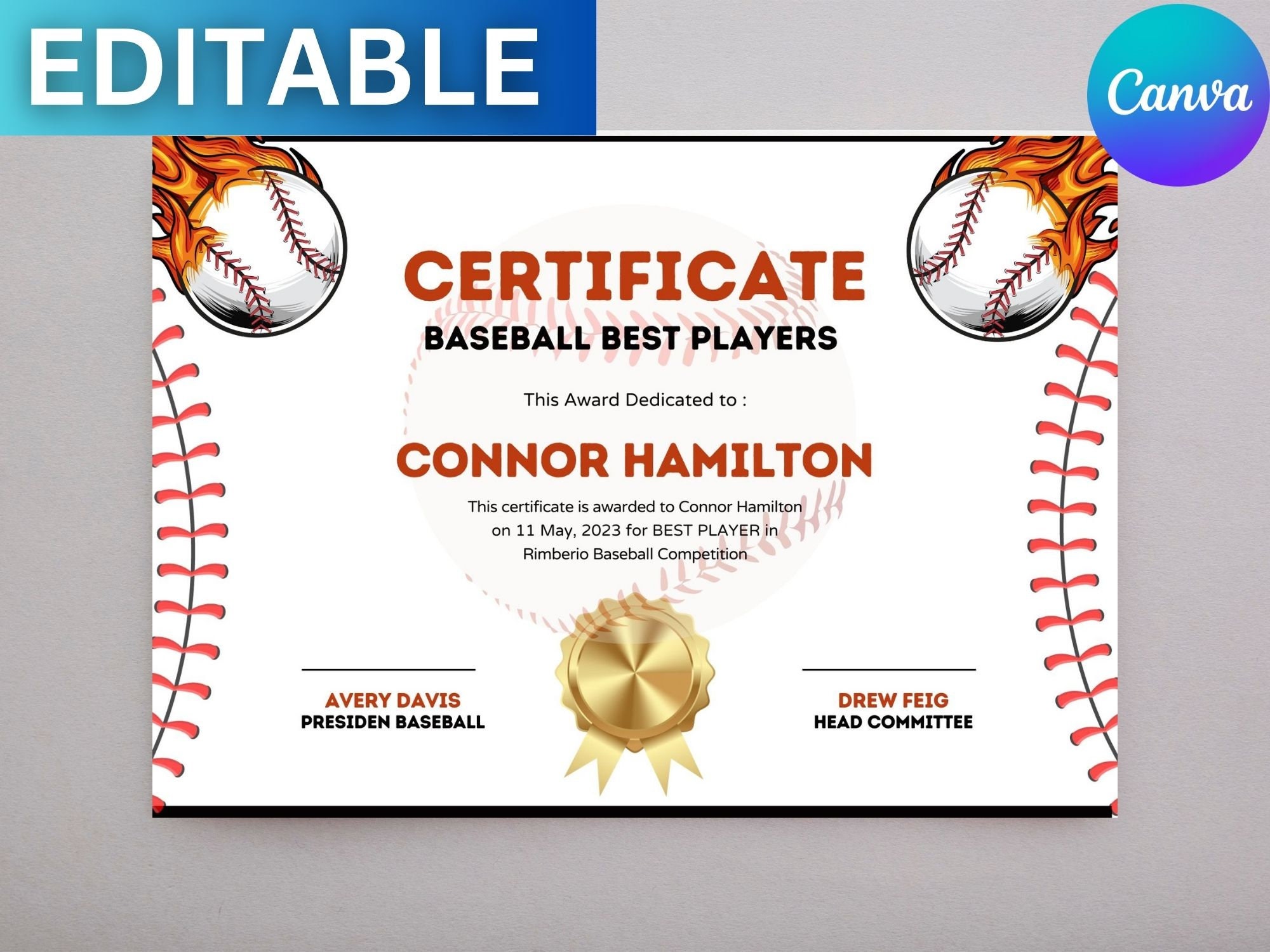 Editable Baseball Award Certificate Bundle Canva Template Team Party ...
