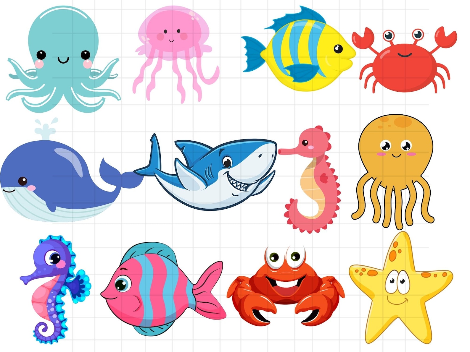 Sea Animals SVG\ Cute Fish PNG\ Shark Clip Art\ Stingray Octopus ...