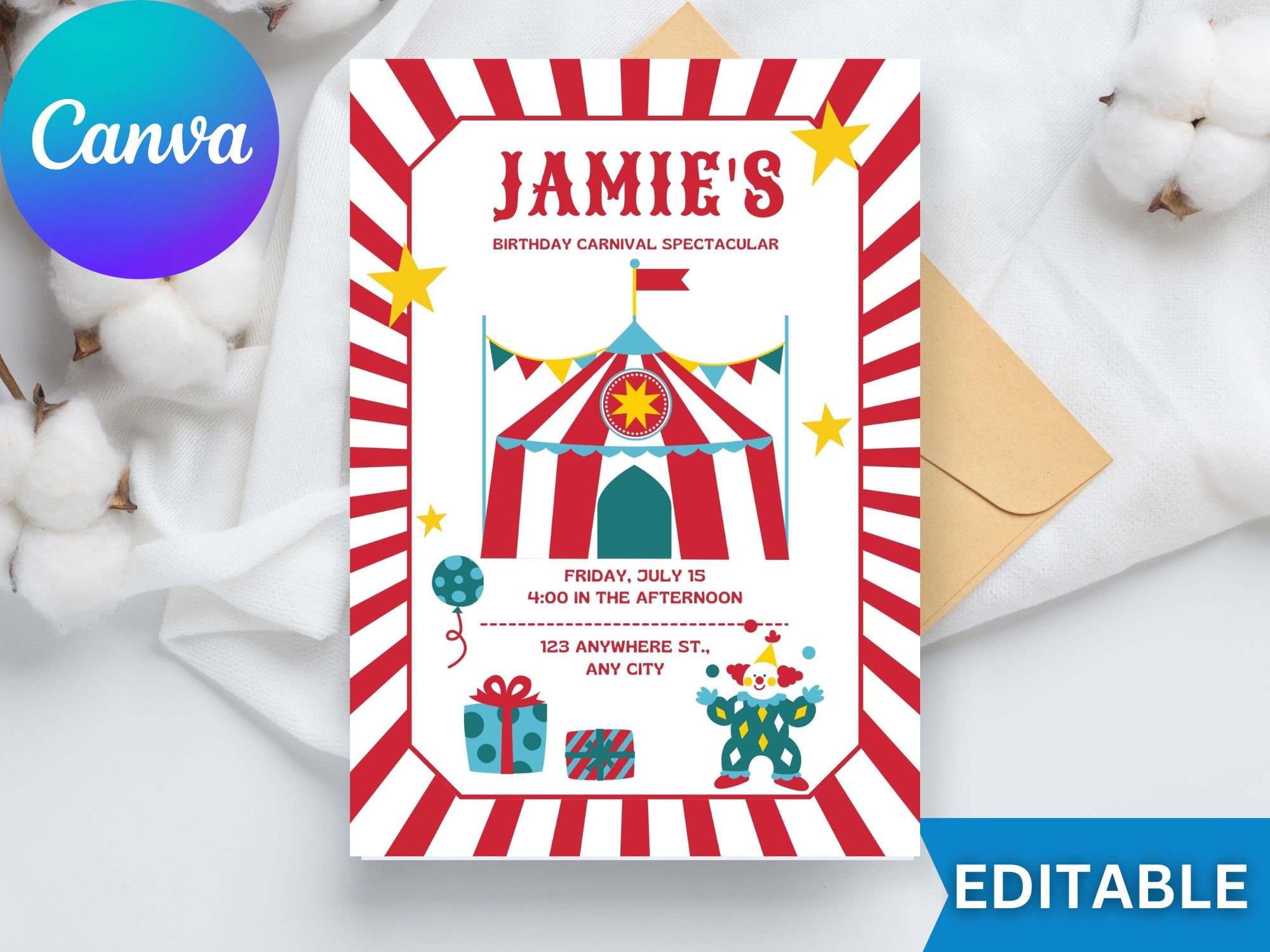 Editable Carnival Birthday Invitation\ Circus Party Invite Template ...