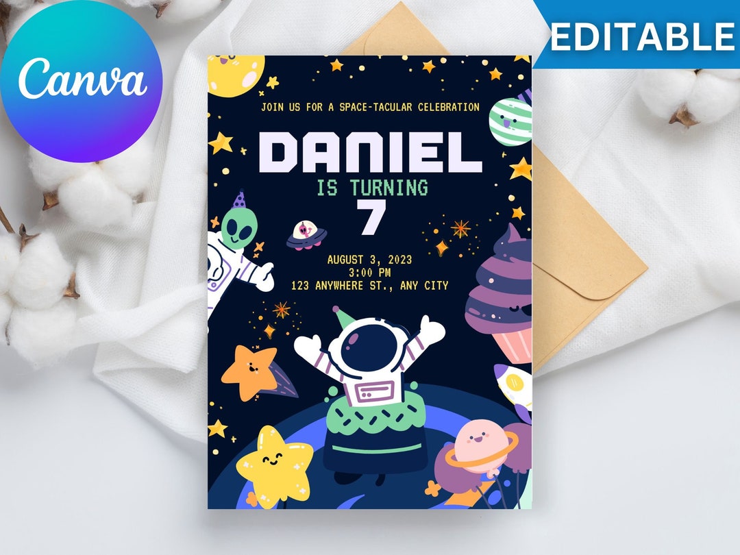 Outer Space Birthday Invitation Template Planets Rocket Ship Etsy
