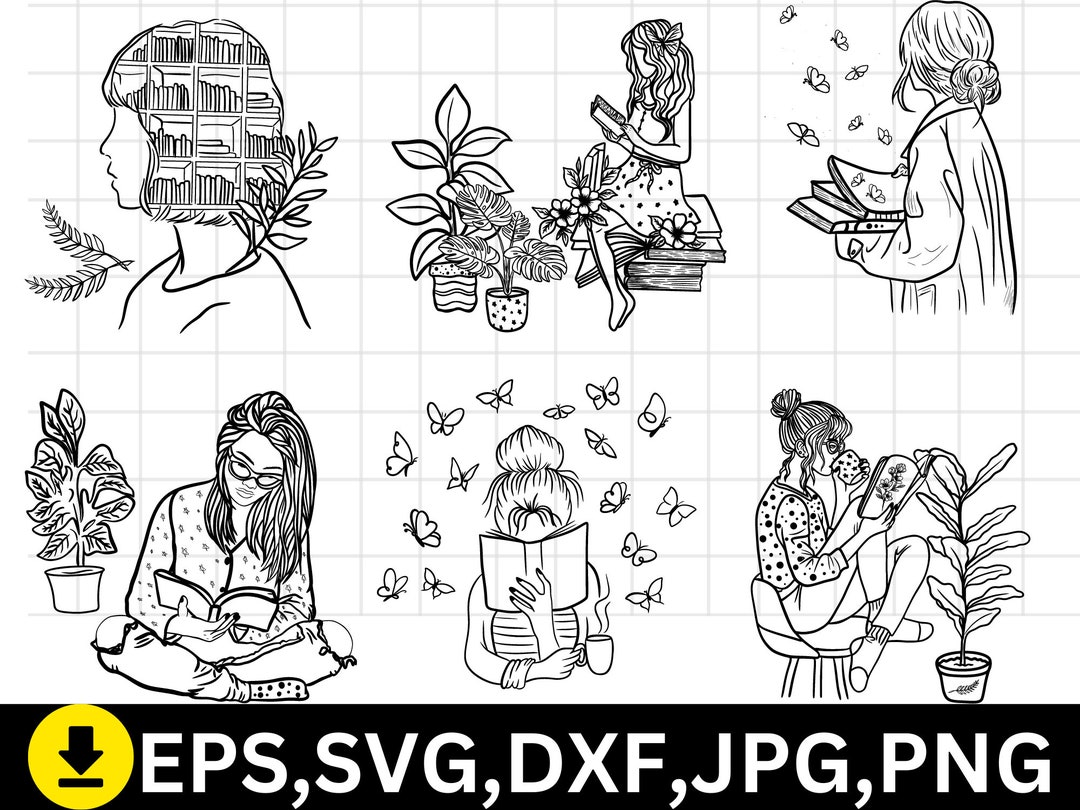 Girl Reading Book Svg\ Book Art\ Reading Book Svg\ Girl With Books ...