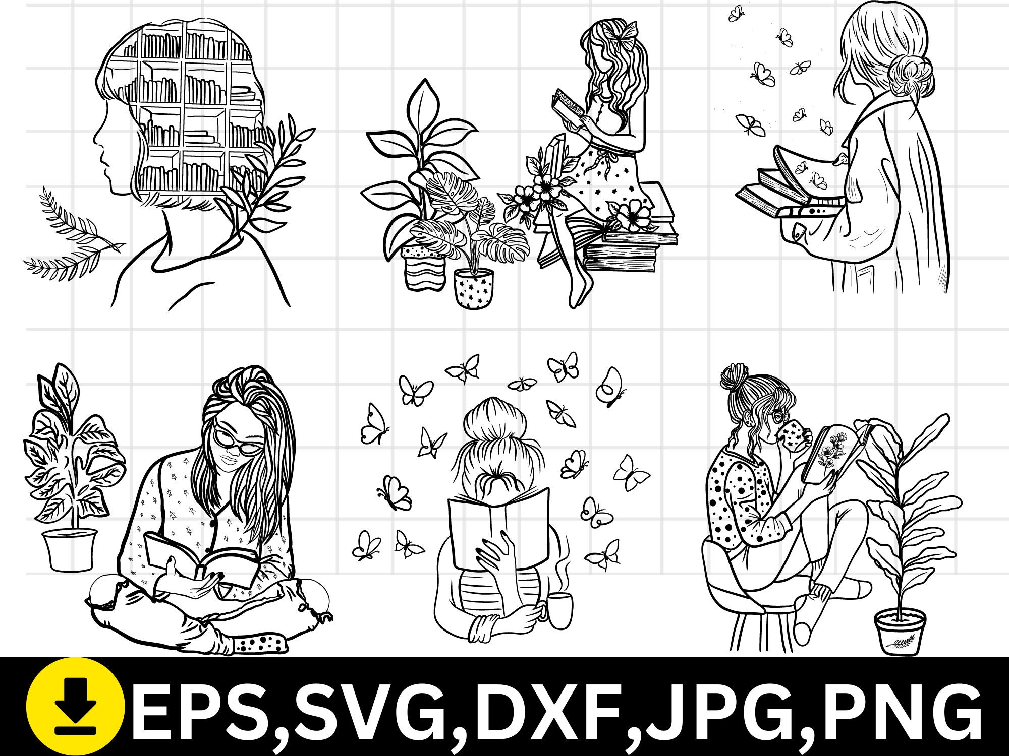 Girl Reading Book Svg Book Art Reading Book Svg Girl With Books Woman ...